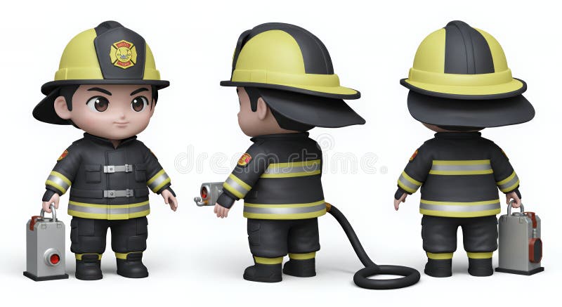 Playful 3D Render of Chibi Korean Firefighter in Uniform Holding ...