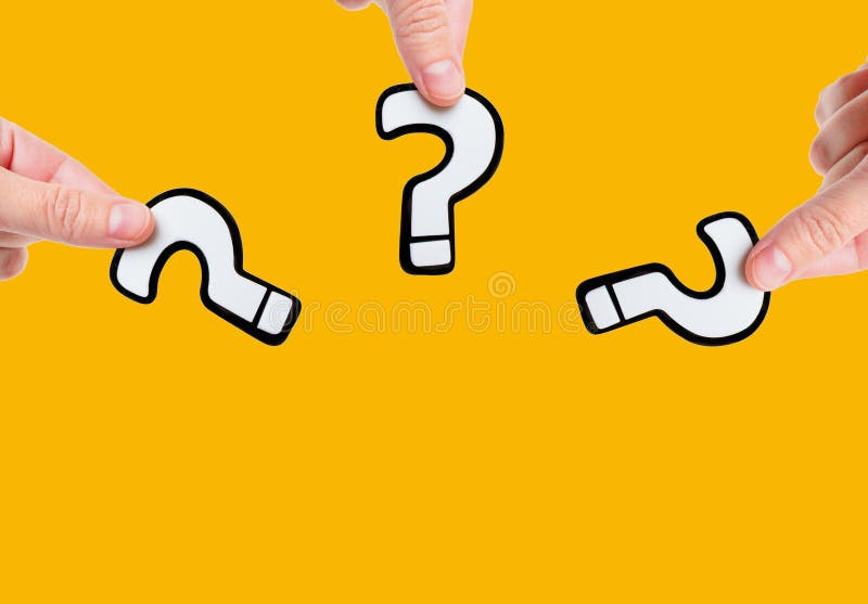 Three Question Marks in Hands Isolated on Yellow Stock Image - Image of ...