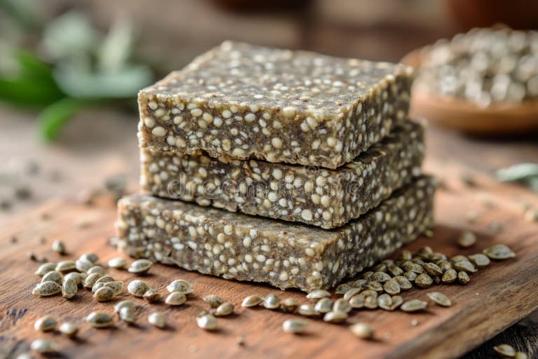 Three Quinoa Seed Bars Stacked on a Rustic Wooden Board Stock Photo ...