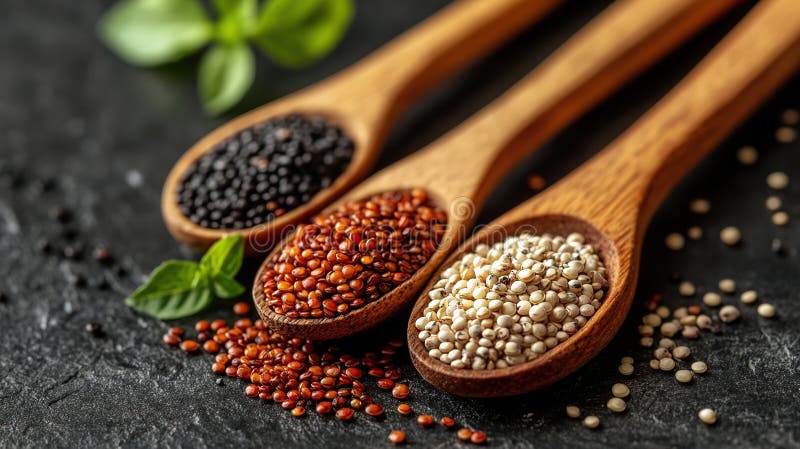 Three Quinoa Varieties in Wooden Spoons on Dark Surface Stock Image ...