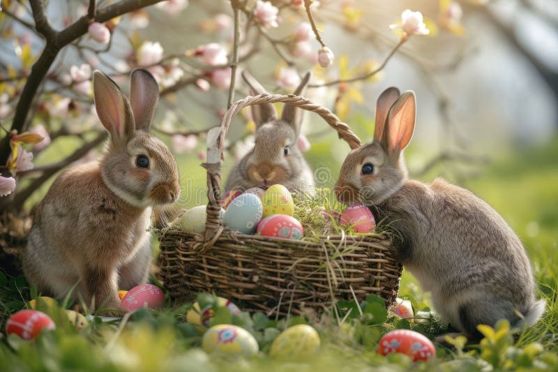 Three Rabbits by a Basket of Easter Eggs in the Grass AIG42E Stock ...