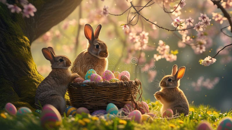 Three Rabbits by a Basket of Easter Eggs in the Grass AIG42E Stock ...
