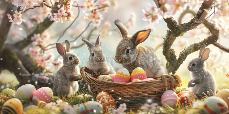 Three Rabbits by a Basket of Easter Eggs in the Grass AIG42E Stock ...