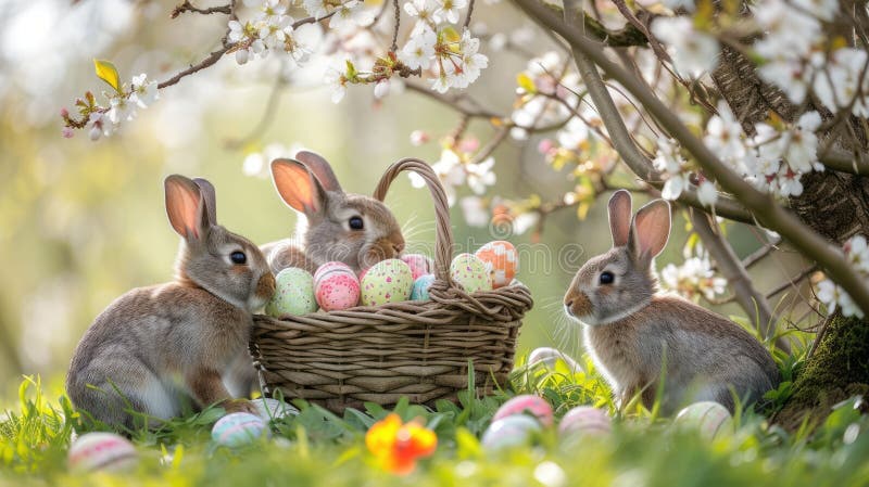 Three Rabbits by a Basket of Easter Eggs in the Grass AIG42E Stock ...