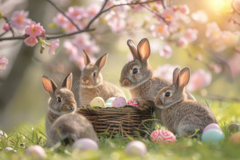 Three Rabbits by a Basket of Easter Eggs in the Grass AIG42E Stock ...