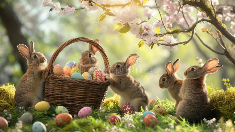 Three Rabbits by a Basket of Easter Eggs in the Grass AIG42E Stock ...