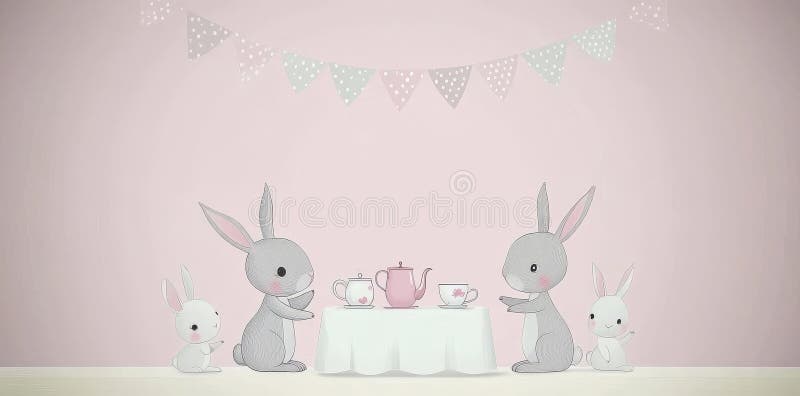 Three Rabbits Enjoying a Tea Party in a Garden Adorned with Flowers ...