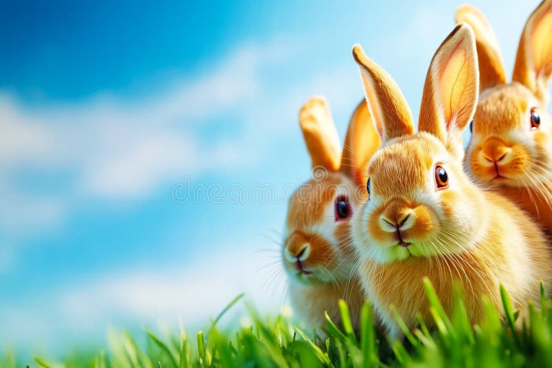 Three rabbits in the grass stock illustration. Illustration of looking ...
