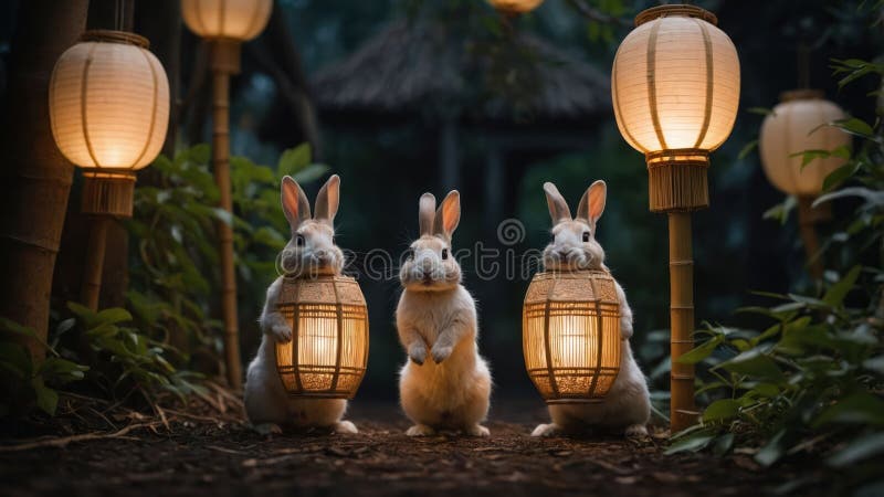 Adorable Rabbits with Illuminated Lanterns in a Magical Garden at Night ...