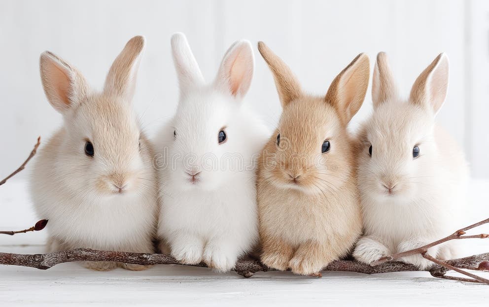 Three Rabbits Perch on a Branch Surrounded by Twigs, Evoking a Playful ...