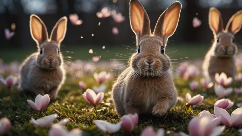 Adorable Brown Rabbits in a Field of Pink Blossoms Stock Illustration ...