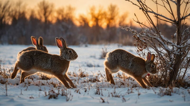 Three Brown Rabbits Hopping in Snowy Winter Sunset Stock Illustration ...