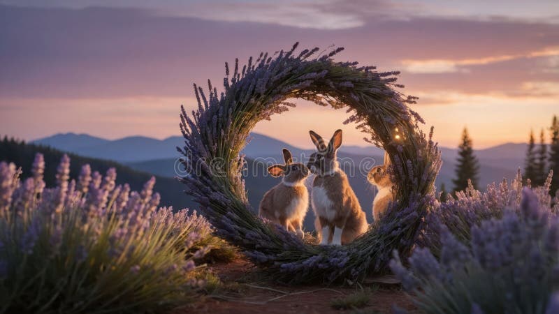 Three Adorable Rabbits Posing in Lavender Wreath at Sunset Stock ...