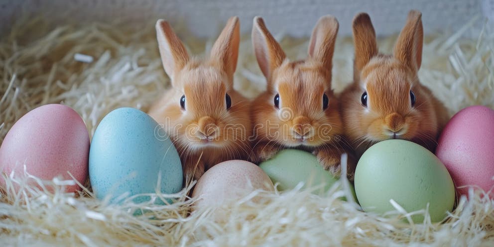 Three Rabbits Rest in a Nest Surrounded by Colorful Easter Eggs. Stock ...