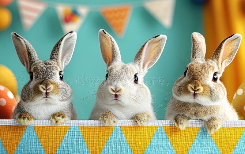 Three Rabbits Sit in a Row on a Table, Symbolizing Easter Joy and ...