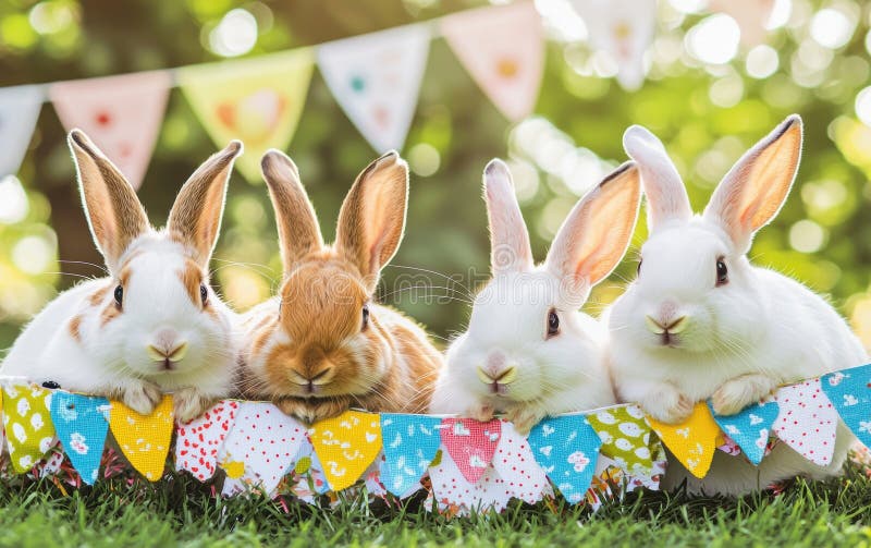 Three Rabbits Sit Together on a Blanket in a Grassy Field, Perfect for ...