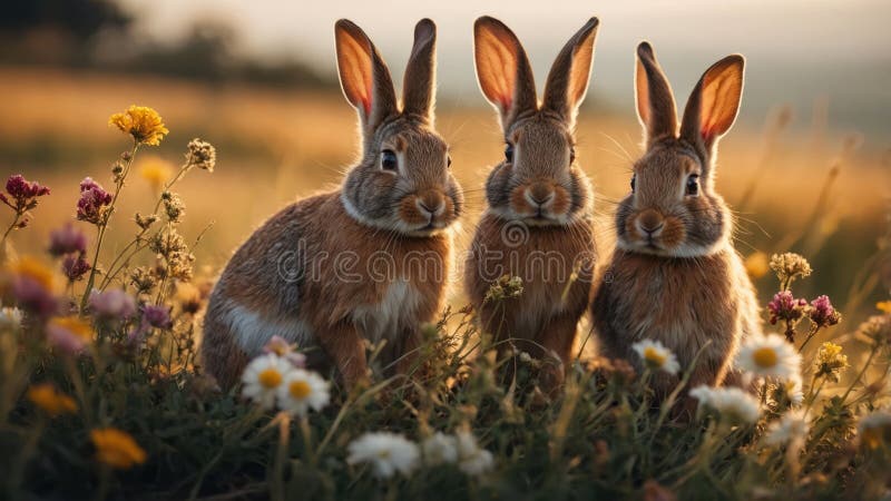Three Adorable Rabbits in a Wildflower Meadow at Sunset Stock ...