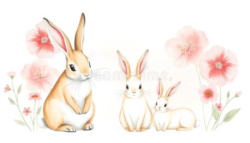 Three Rabbits are Sitting in a Field of Flowers Stock Image - Image of ...