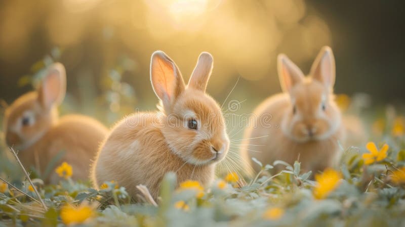Three Rabbits are Sitting in a Field of Grass, AI Stock Image - Image ...