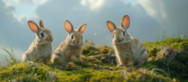 Three Rabbits Sitting in Grass with Clouds Stock Photo - Image of ...