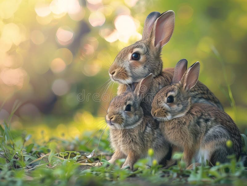 Three Rabbits Sitting in the Grass with Sunlight Stock Photo - Image of ...