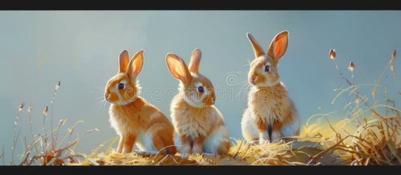 Three Rabbits Sitting on Hay Pile Stock Image - Image of countryside ...