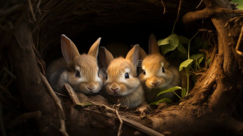 Three Rabbits are Sitting in a Hole in the Woods Stock Illustration ...