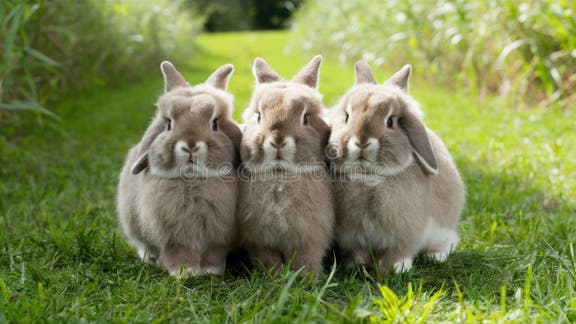 Three Rabbits are Sitting in a Row on the Grass, AI Stock Photo - Image ...