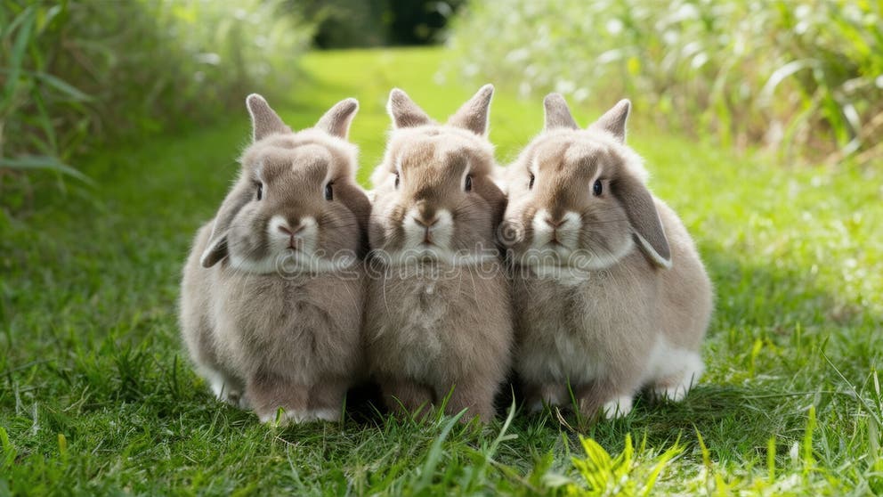 Three Rabbits are Sitting in a Row on the Grass, AI Stock Photo - Image ...