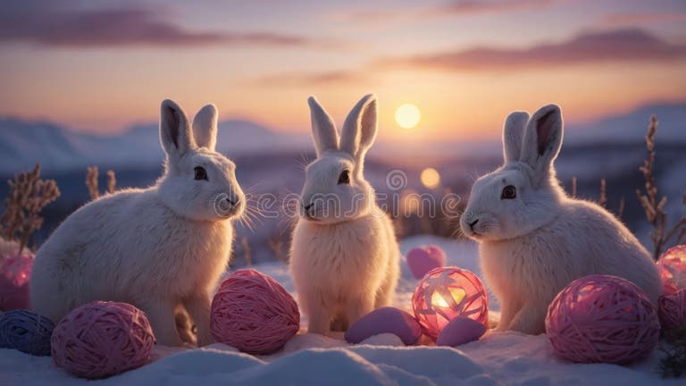 Three White Rabbits at Sunset in Snowy Landscape Stock Illustration ...