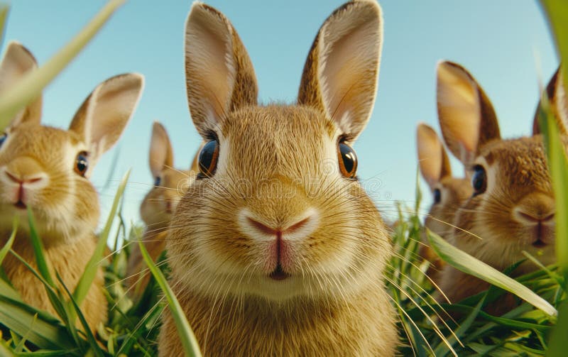 Three Rabbits Stand Together in the Grass, Celebrating the Joy of ...