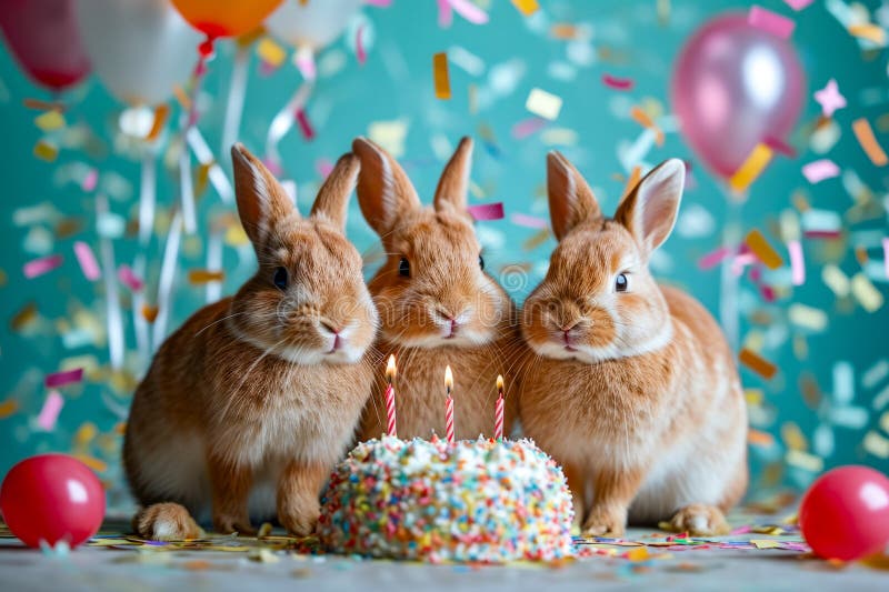 Three Rabbits are Standing in Front of Cake with Colored Sprinkles ...