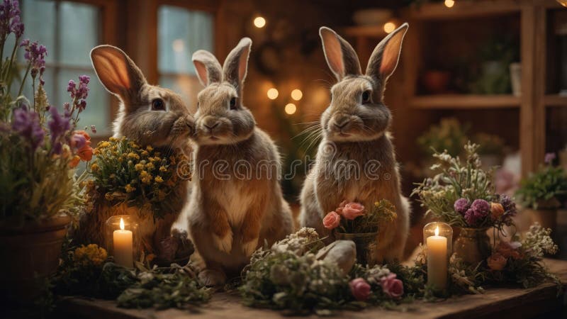 Three Adorable Brown Rabbits with Flowers and Candles Stock ...