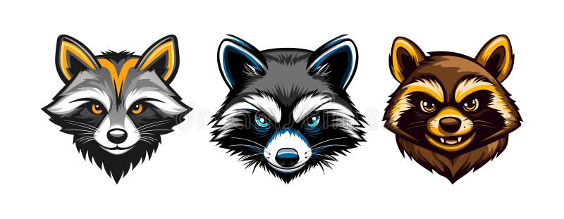 Three Raccoon Head Illustrations Variations in Color and Style Stock ...