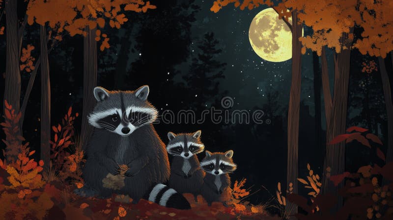 Three Raccoons in a Forest at Night Stock Illustration - Illustration ...