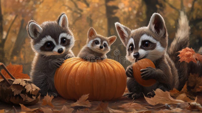 Three Raccoons are Sitting on a Pumpkin in the Fall, AI Stock Photo ...