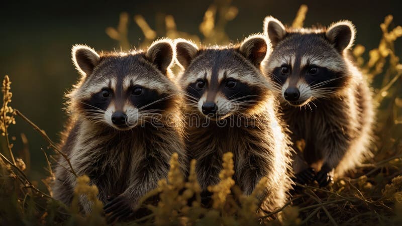 Three Adorable Raccoon Cubs at Sunset in Golden Hour Light Stock ...