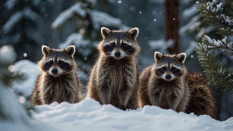 Three Adorable Raccoons in Snowy Winter Forest Stock Illustration ...