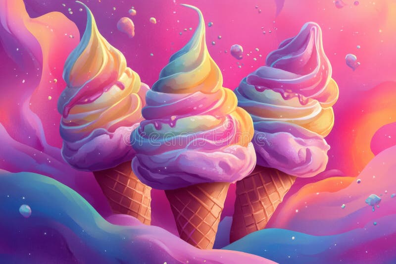 Three Rainbow Ice Cream Cones Melting in Psychedelic Landscape Stock ...