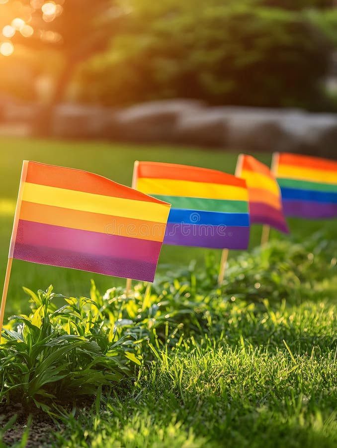 Three Rainbow Pride Flags Planted in Lush Green Grass Illuminated by ...