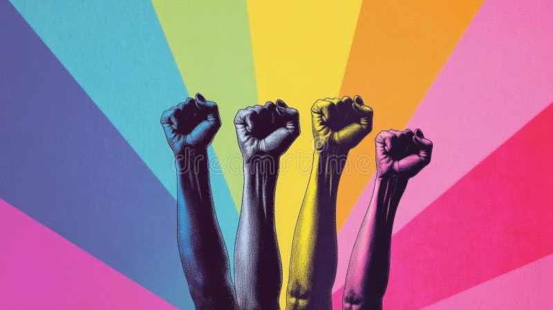 Three Raised Fists Against Vibrant Rainbow Background Stock ...