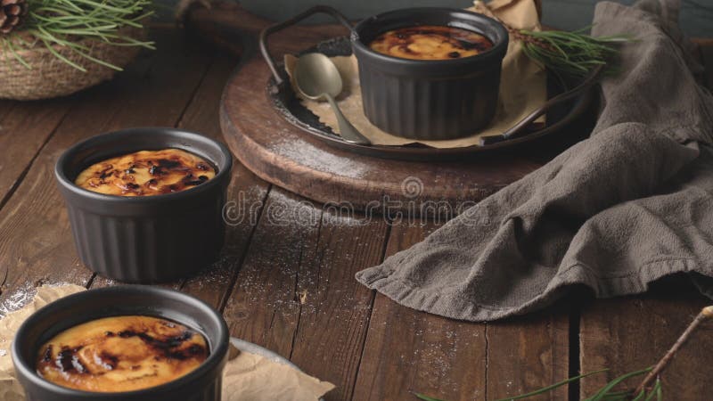 Three Ramekins of Creamy Custard with a Caramelized Sugar Crust, on a ...