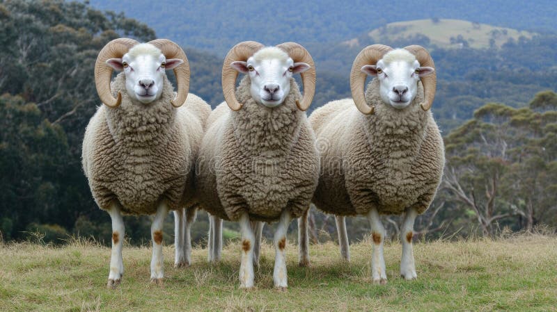Three Rams Standing in a Field with Mountains Behind Them, AI Stock ...