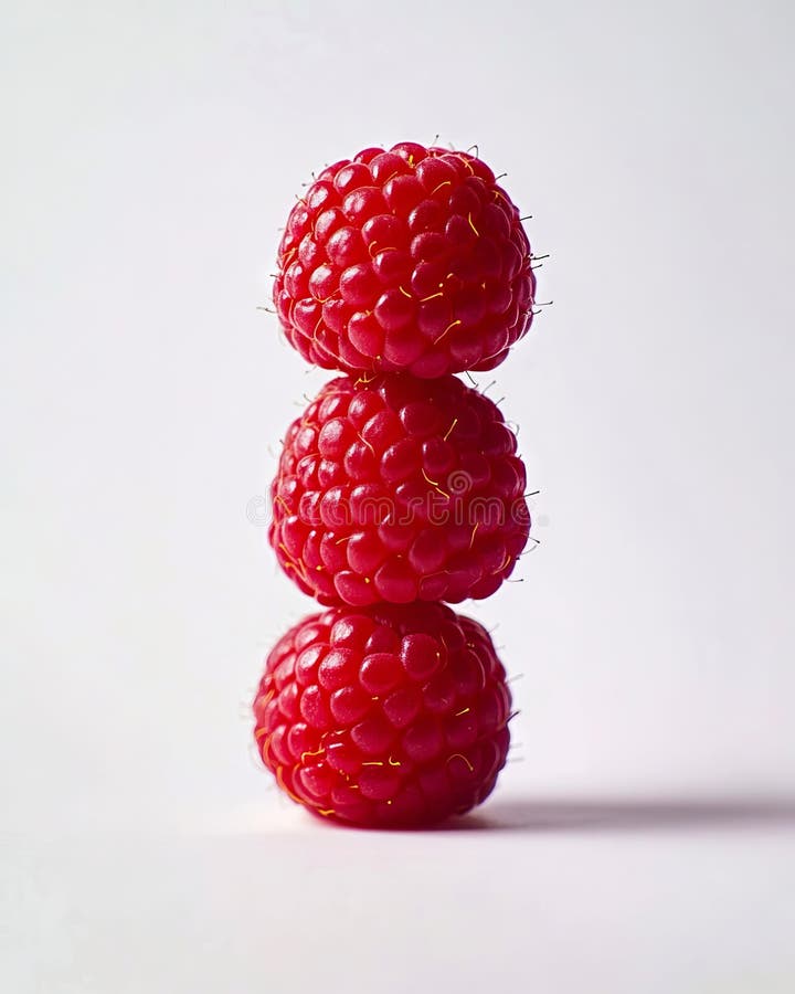 Three Raspberries Stacked on Top of Each Other on a White Surface Stock ...