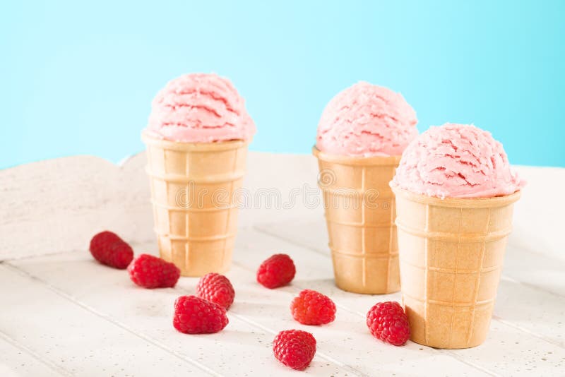 Three Raspberry Ice Cream Cones Stock Photo - Image of pink, sorbet ...