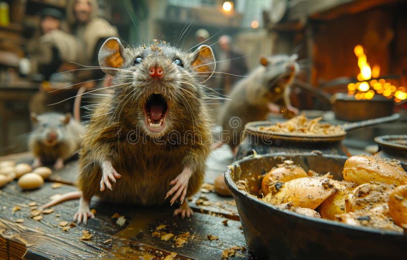 Three Rats are Sitting on the Table in the Kitchen. Stock Photo - Image ...