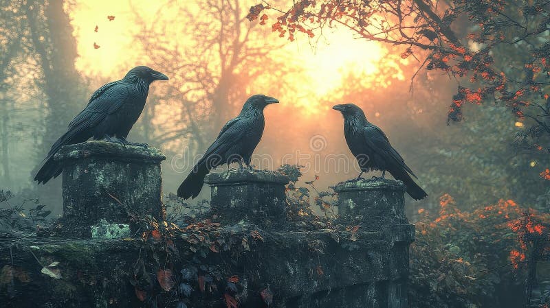 Three Ravens Perched on Stone Pillars in Misty Forest Stock ...