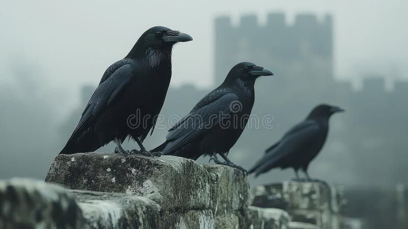 Three Ravens Perched on a Stone Wall Stock Illustration - Illustration ...