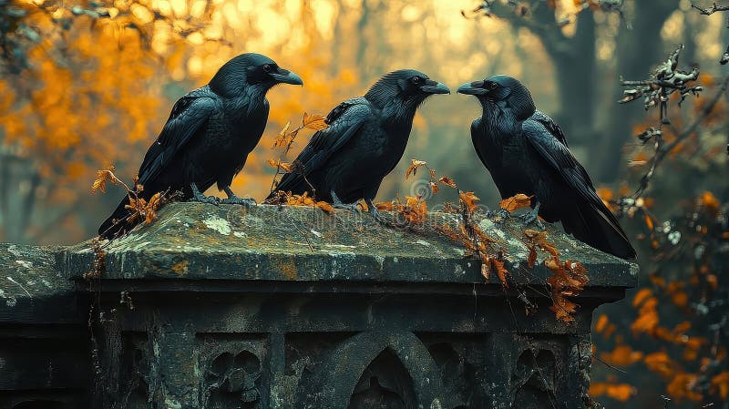 Three Ravens Perched on Stone Wall with Autumn Leaves Stock ...
