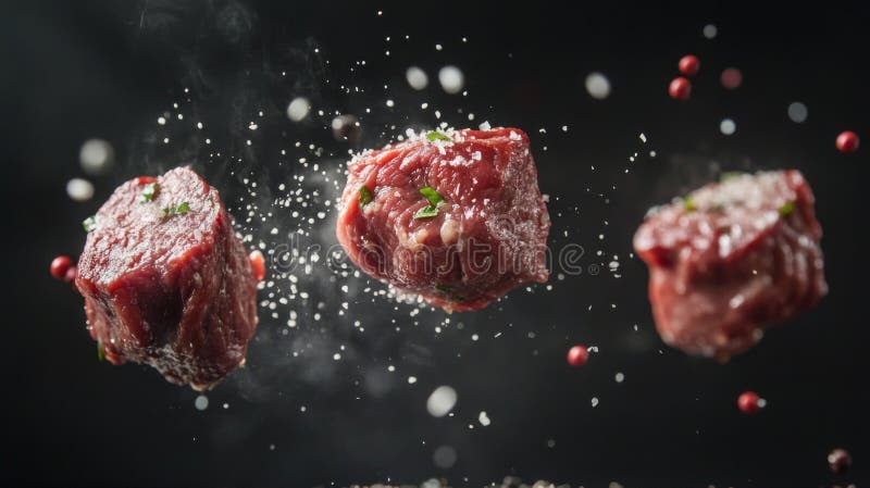 Three Raw Marinated Beef Cubes Levitating Against Dark Background Stock ...